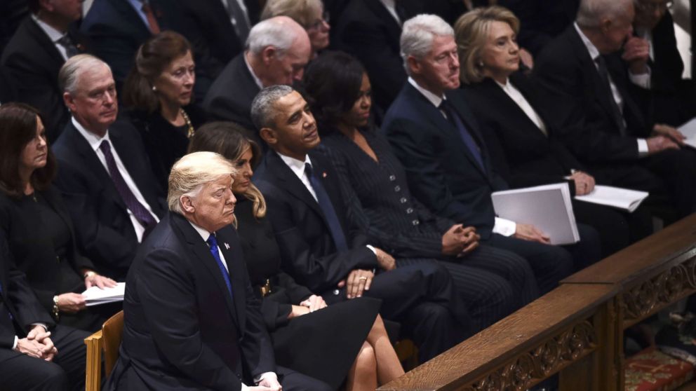 Trumps get frosty reception from Obamas, Clintons at George H.W. Bush ...